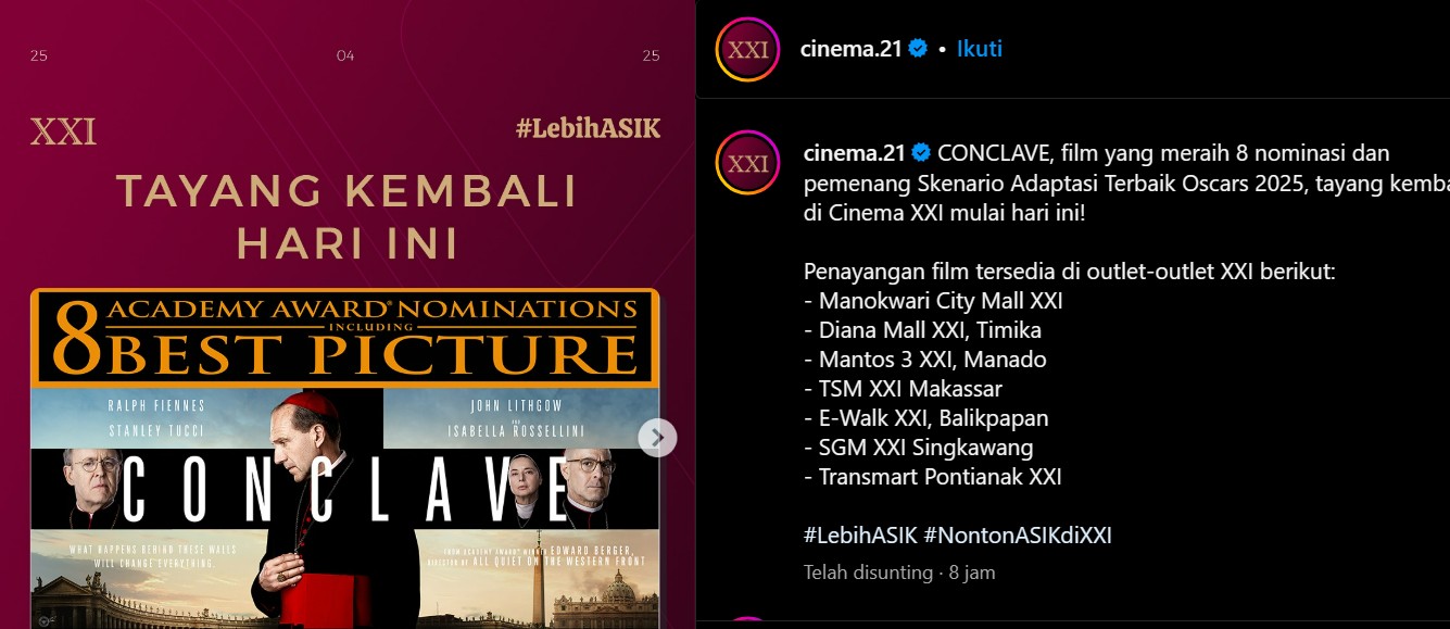 Film Conclave Kembali Tayang di Bioskop Indonesia Mulai Hari Ini, Cek Lokasinya